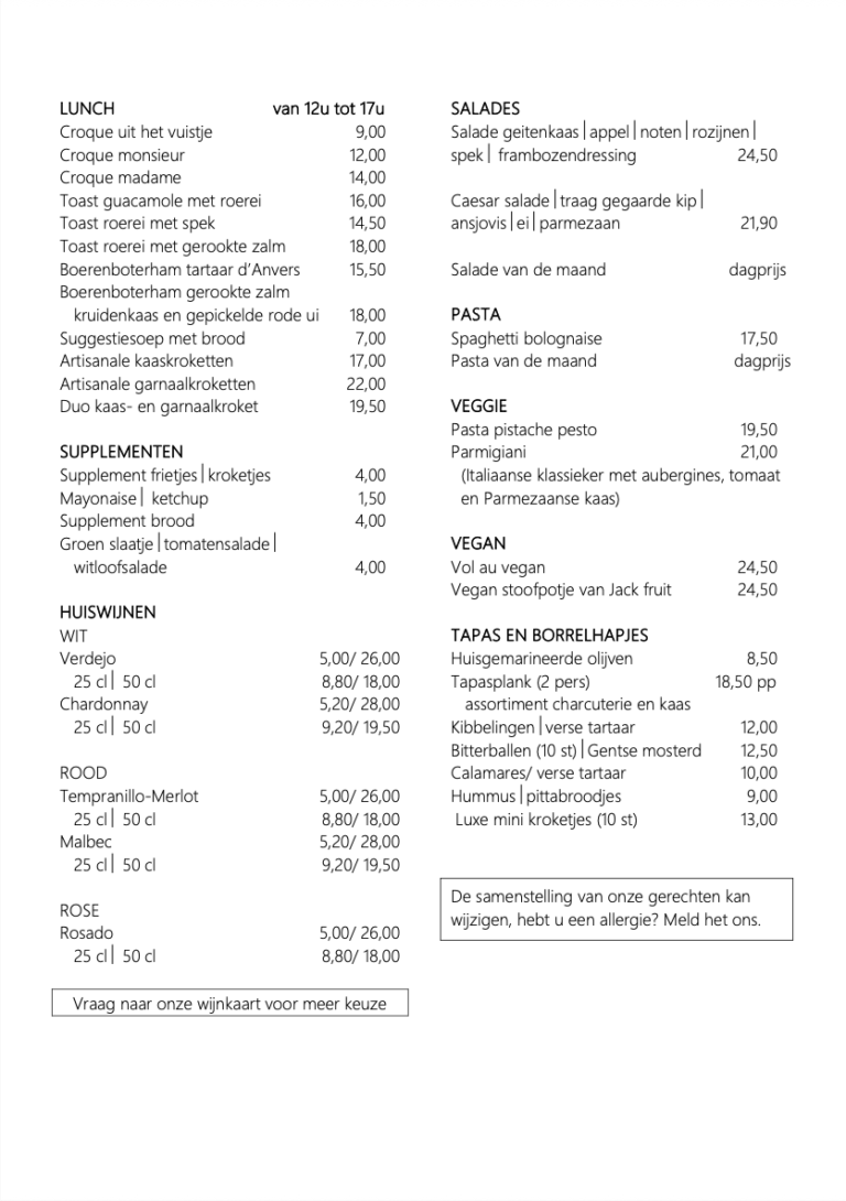 Lunchkaart - Bistro De Bosduif