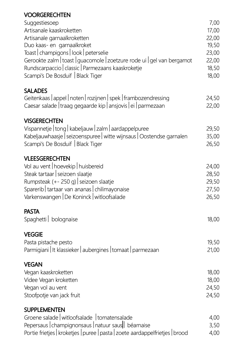 Menukaart - Bistro De Bosduif
